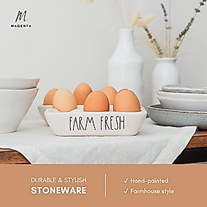 Rae Dunn by Magenta Stoneware Egg Trays - Set of 2 Farmhouse Style Egg Holders Fit 12 Eggs, Hand Lettered "Farm Fresh" and "Free Range"