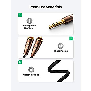 UGREEN 3.5mm to 2 Male RCA Cable Stereo Audio Adapter Braided Hi-Fi Sound Auxiliary RCA Y Splitter, Metal Shell Shielded Aux RCA Y Cord Compatible with Smartphone MP3 Tablet Speaker, 6FT