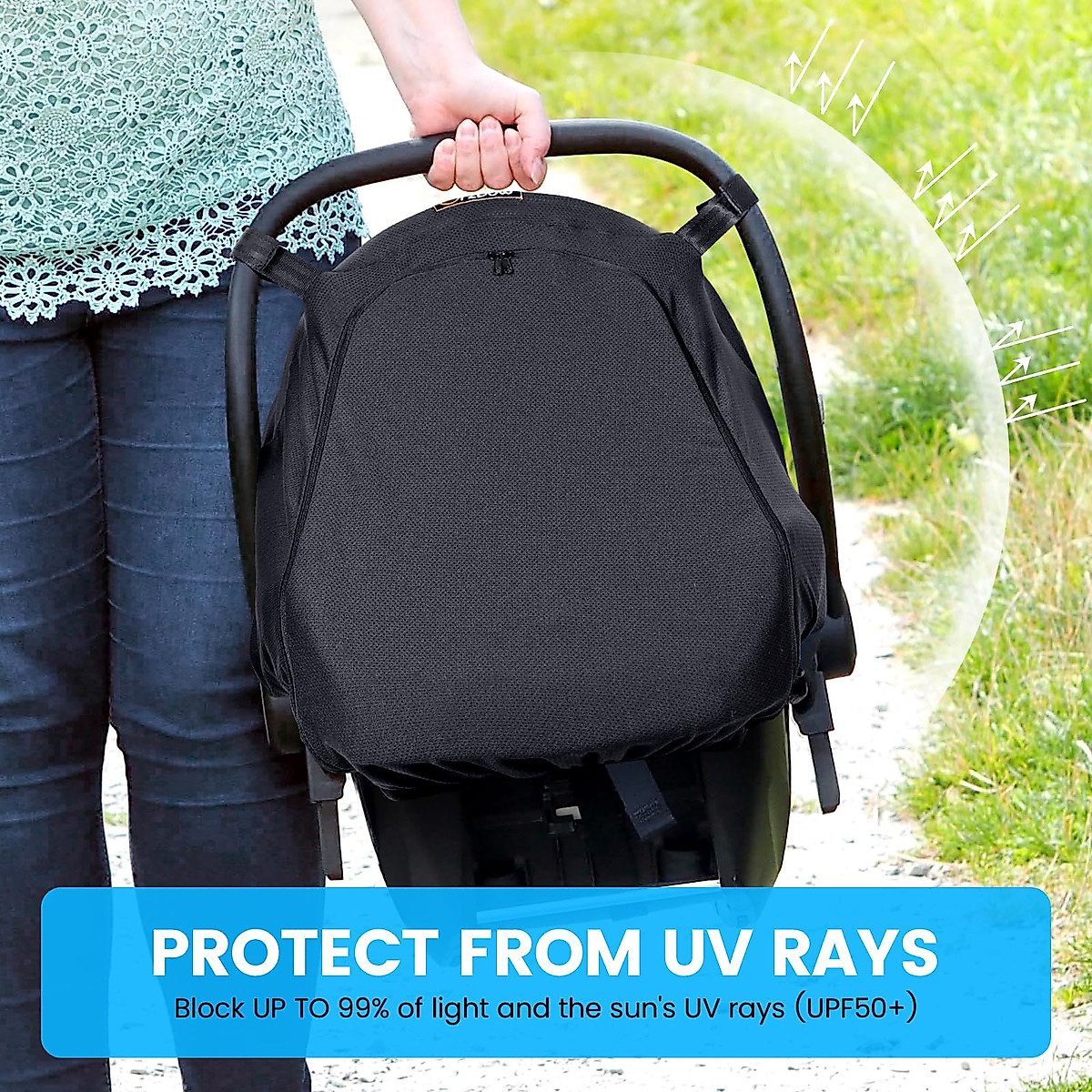 Orzbow Universal Baby Car Seat Sun Shade, Infant Car Seat Sun and Sleep Shade Cover with Storage Bag, Breathable and Blocks UP to 99% of The Sun's Rays(UPF 50+), Protects Babies from Sun's Rays, Black