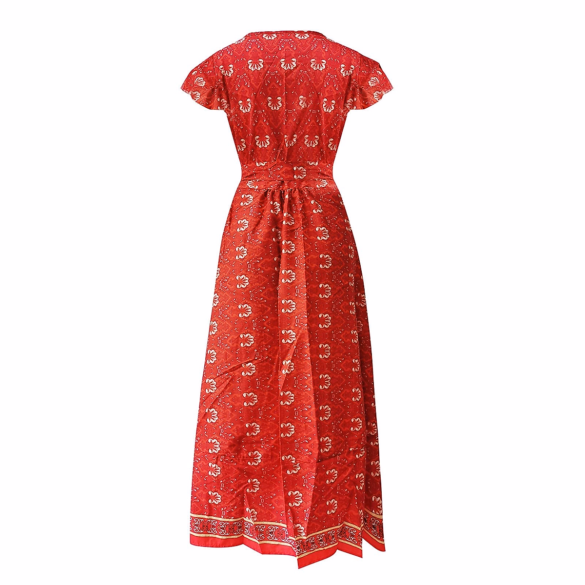 Casual Summer Dresses for Women 2023 Ladies Summer Casual V Neck Floral Print High Waist Belt Short Sleeve Hem Slit Wrap