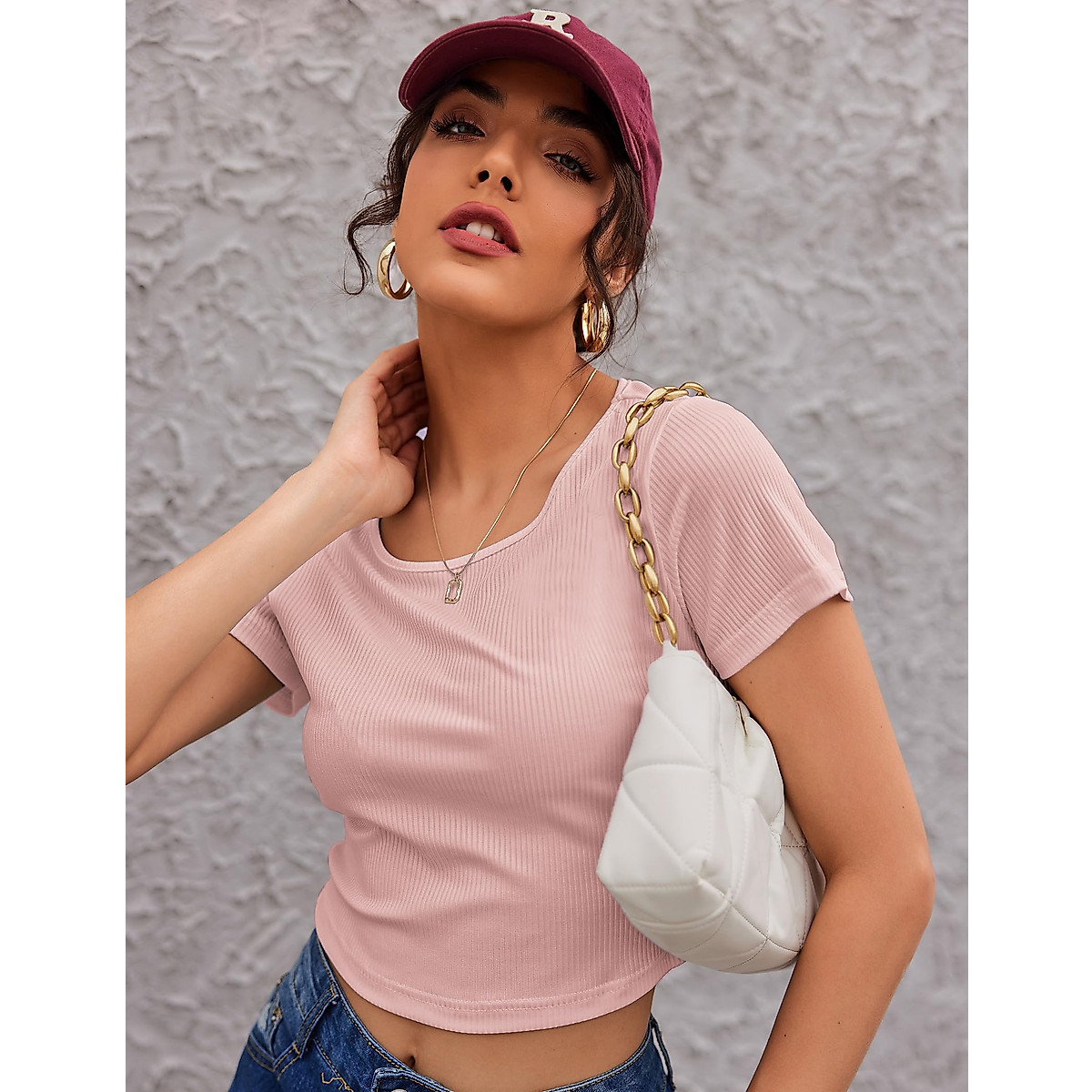 Ekouaer Women's 2 Piece Lounge Sets Short Sleeve Pajama Set Ribbed Knit Crop Top Wide Leg Pants Loungewear,Light Pink,L