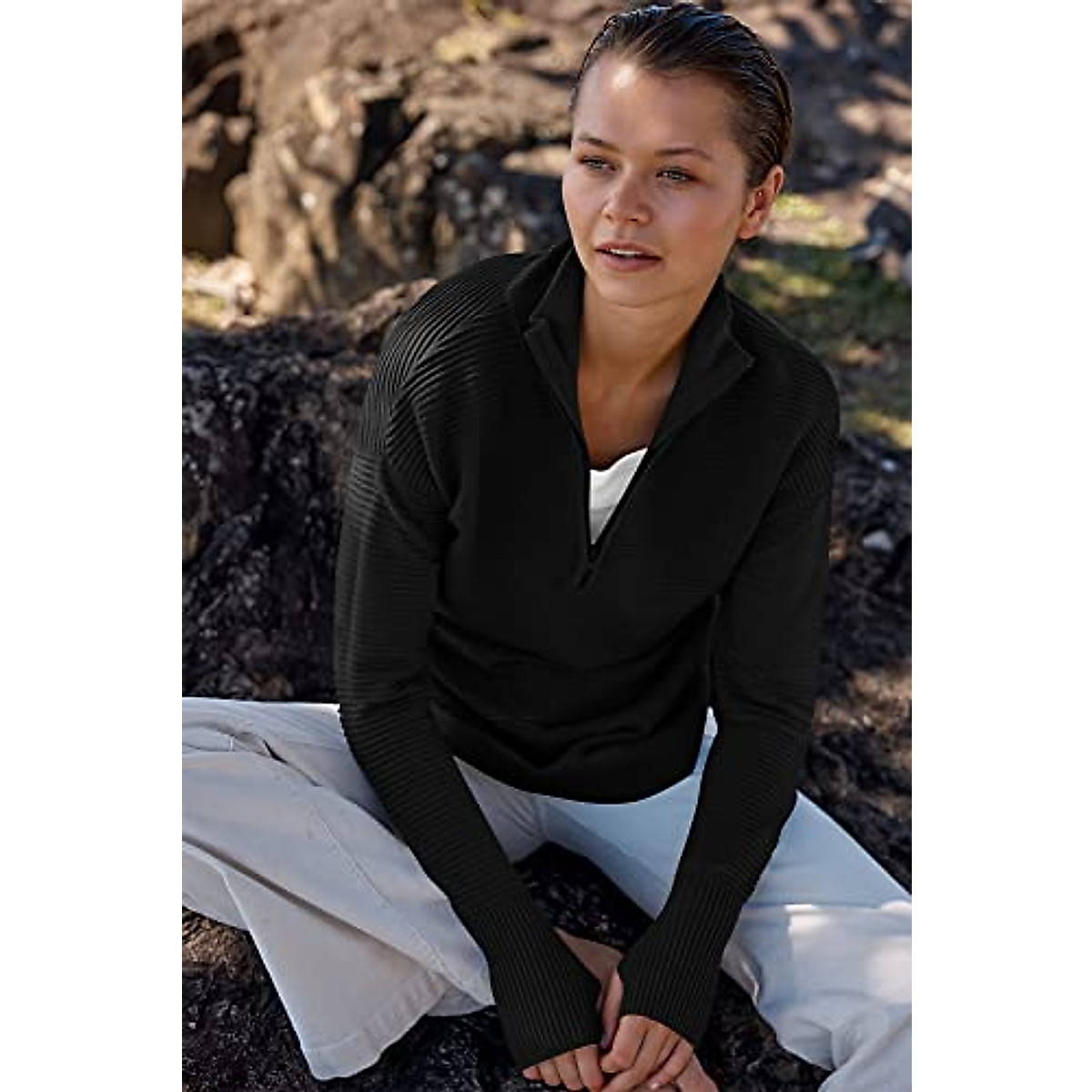 ANRABESS Sweater for Women Oversized Quarter Zip Long Sleeve V Neck Collared Casual Curved Hem Slouchy Ribbed Knit Thumb Hole Pullover Shirt 2023 Fall Winter Trendy Clothes Tops 624heise-M Black