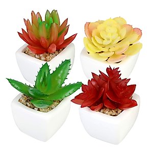 4 Pack Succulent Plants Artificial Fake Succulents in Pots Faux Succulents Fake Plants Bulk Assortment in Flocked Green Small Succulent Holder Decor for Window Landscape Garden Home Office Decor