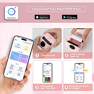 Mini Pocket Bluetooth Printer-Portable Thermal Printer with 5 Roll Papers for Journal/DIY Scrapbook/Travel/Notes/Lists/Label/Memo, Receipt Printer for Children Women Gifts Kids Christmas iOS&Android