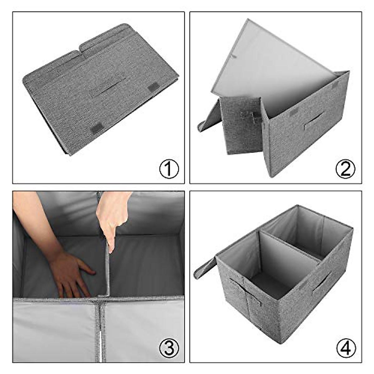 Valease 2 Pack Large Storage Boxes with Lids and Handles, Collapsible Linen Storage Bins Organizer Containers Baskets Cube with Removable Divider for Home Bedroom Closet Office (Grey, Large)