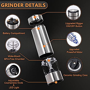 ImgResire Electric Salt and Pepper Grinder Set Battery Operated| Stainless Steel Auto Pepper Mill Grinder Refillable| One Hand Operation| LED Light| Adjustable Coarseness| 2 Pack