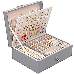 QBestry Stud Earring Organizer for Women Girls Gray Jewelry Box for Earrings Necklace Jewelry Organizer,Girls Earring Box for Womens Necklace Holder Rings Organizer Bracelet Earring Storage Case,Grey