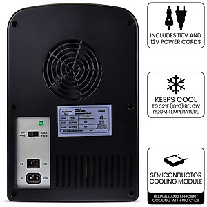 Koolatron Retro Portable Mini Fridge 4 Liter/6 Can AC/DC Thermoelectric Cooler for Skincare, Cosmetics, Medications, Dorm, Home, Room and Travel (Black)