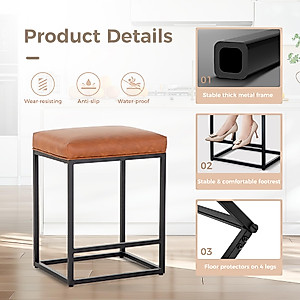 MAISON ARTS Counter Height 24" Bar Stools Set of 2 for Kitchen Counter Backless Modern Barstools Industrial Upholstered Faux Leather Stools Farmhouse Island Chairs, (24 Inch, Brown)