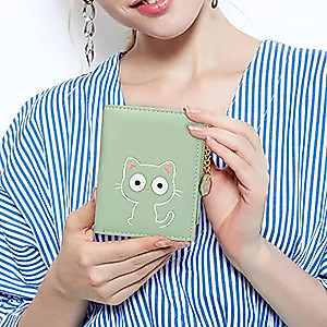 CONISY Cute Wallets for Women, Leather RFID Blocking Small Bifold Wallet with Zipper Coin Purse for Girls and Ladies Womens Wallet (Cat Green)