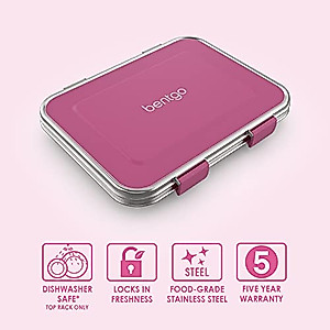 Bentgo® Kids Stainless Steel Leak-Resistant Lunch Box - Bento-Style Redesigned in 2022 w/Upgraded Latches, 3 Compartments, & Extra Container - Eco-Friendly, Dishwasher Safe, Patented Design (Fuchsia)
