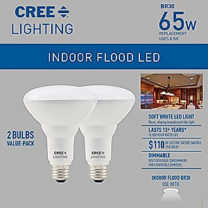 Cree Lighting BR30-65W-B2-27K-E26-U2, Basic BR30, 650 Lumens, Dimmable, Soft White 2700k, 15,000 Hour Rated, 2-Pack