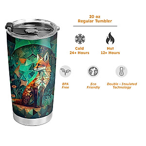20oz Green Jade Stained Glass Crystal Mosaic Fox Tumbler, Gifts for Fox Lovers, Coffee Thermos for Women, Stainless Steel Double Wall Vacuum Insulated Coffee Mug, Travel Cup with Lid
