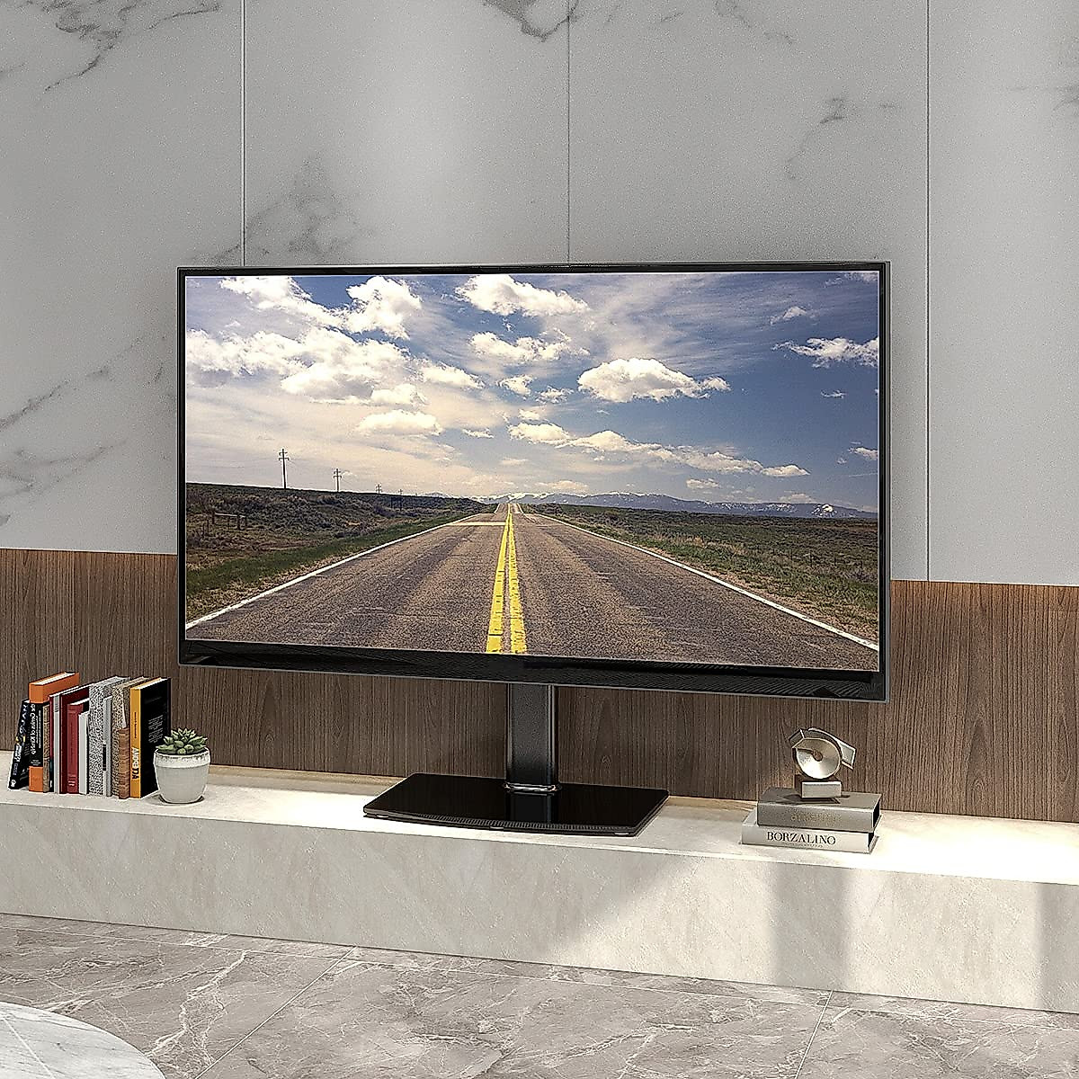 Universal Tabletop TV Stand with Wall Mount for 32 to 70 inch 4 Level Height Adjustable, Heavy Duty Tempered Glass Base, Holds up to 110lbs Screens, HT03B-002