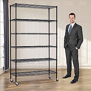 Hkeli Storage Metal Shelf Heavy Duty Wire Shelving Unit with Wheels 48inchx18inchx82inch Sturdy Steel Adjustable NSF 6 Tier Rack Standing Garage Shelves for Restaurant Garage Kitchen, Black