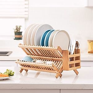 HBlife Dish Rack,Bamboo Folding 2-Tier Collapsible Drainer Dish Drying Rack with Utensils Flatware Holder Set (Dish Rack with Utensil Holder)