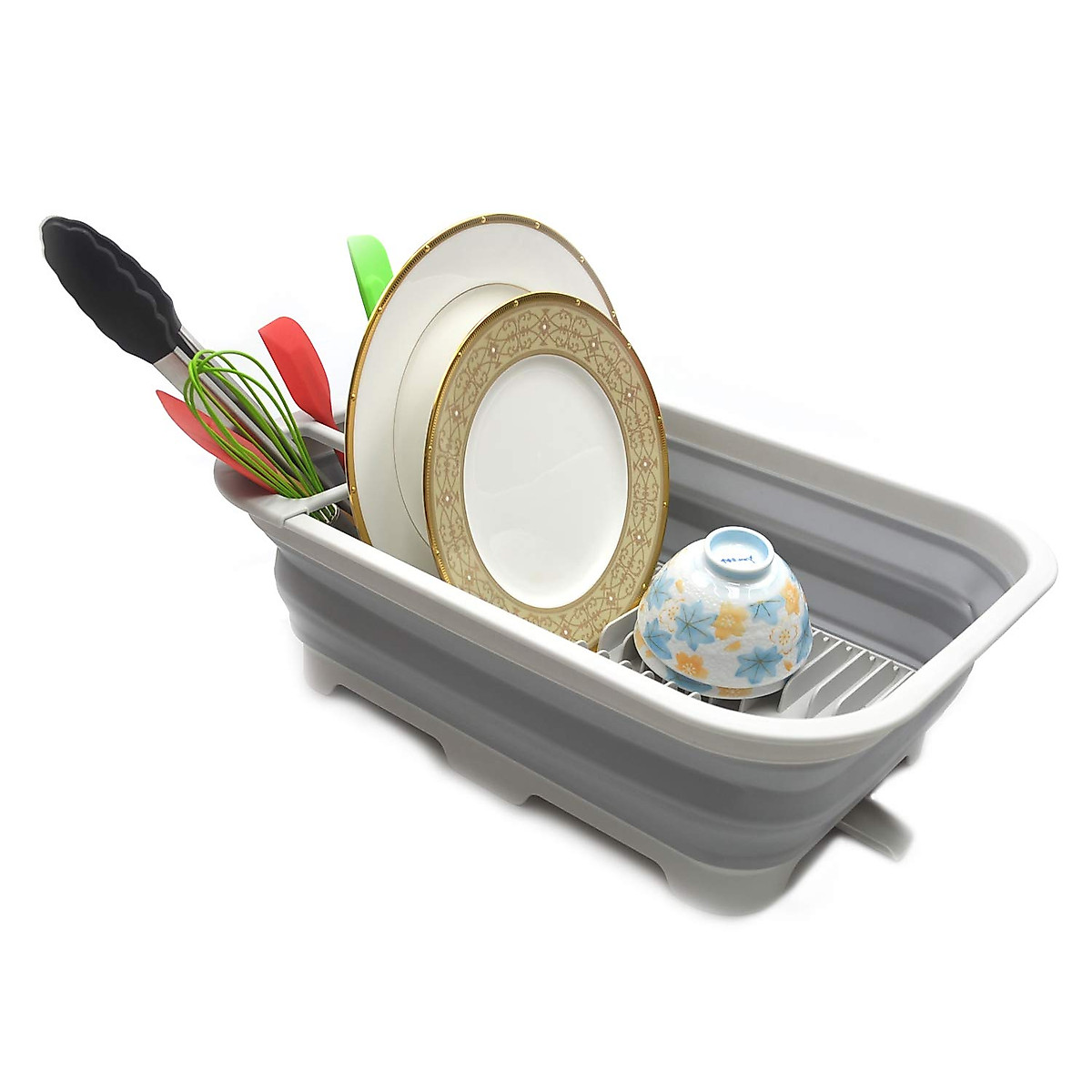 SAMMART 12L (3.17 Gallon) Collapsible Dish Drainer with Swivel spout - Foldable Drying Rack Set - Portable Dinnerware Organizer - Space Saving Kitchen Storage Tray (Grey)