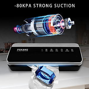 Pskang Vacuum Sealer Machine One-Touch Vacuum Sealer with Bags Rolls Storage and Cutter Automatic Air Sealing System with Vacuum Seal Bags and 1 Roll (11"x16')）