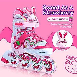 NEMONE Bunny Strawberry 4 Size Adjustable Inline Skates for Girls with 8 Light up Wheels, Pink Blades Roller for Kids, Indoor Beginner Inliner Outdoor, Small(10C-13C US)