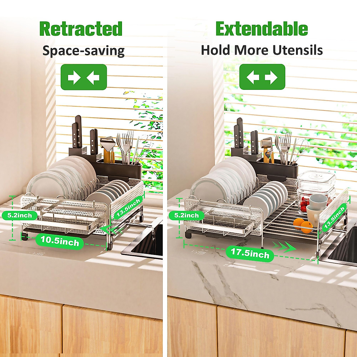 eWonLife Dish Drying Rack, Extendable Dish Racks for Kitchen Counter, Stainless Steel Dish Drainers, Compact, Rust-Proof, Dish Strainer with Sponge, Cutlery Caddy (Silver)