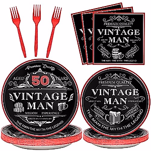 gisgfim 96 Pcs Vintage 50th Plates and Napkins Party Supplies Set Cheers to 50 Years Party Disposable Tableware Decorations Favors for Men 1973 50th Red Birthday Party for 24 Guests