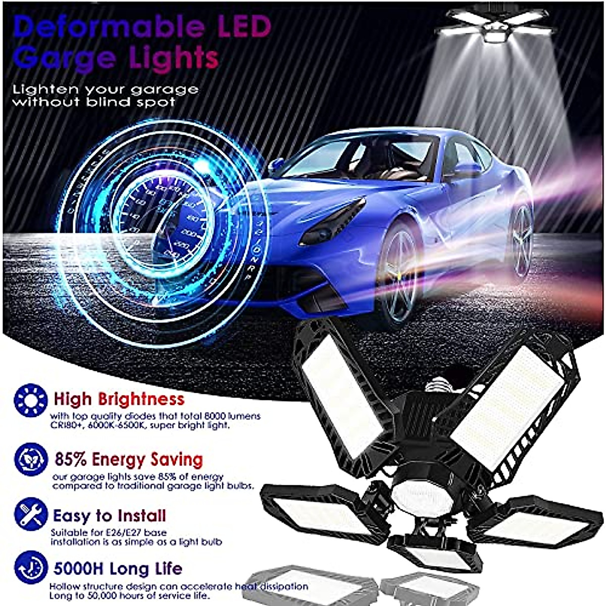 Garage Light Bulb Deformable LED Garage Lights 100W 10000LM 6500K Super Bright Garage Lighting Shop Light with 5 Adjustable Panels and Center Panel E26/E27 Ceiling Lights for Garage Basement - 2Pack