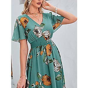 Simplee Women Casual Boho Floral Maxi Dress Flowy Long Wedding Guest Dress Holiday Beach V Neck Short Sleeve Maternity Dress (L Turquoise)