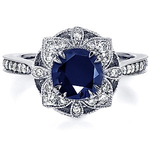 Kobelli Antique Style Floral Sapphire and Diamond Engagement Ring 1 1/2 Carat (ctw) in 14k White Gold, Size 9