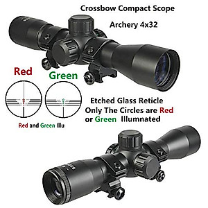 TWP 4x32 Compact Hunting Crossbow Archery Scope, Etched Glass Reticle Circles and Rangefinder, Only Circles Red or Green Illuminated, 1" Tube and Mid-Height Weaver Ring Mount