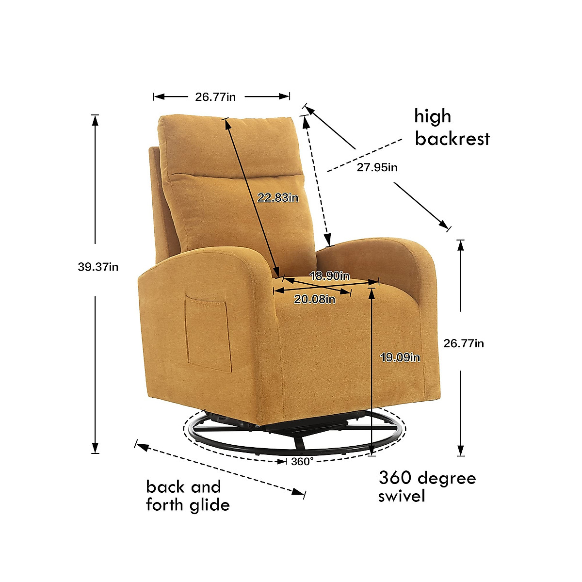 VanTook Swivel Rocking Recliner Chairs, Upholstered Swivel Glider Rocker, Lazy Boy Recliner, Nursery Lounge Chair with Side Pocket for Living Room Nursery Bedroom Waiting Rooms, Yellow