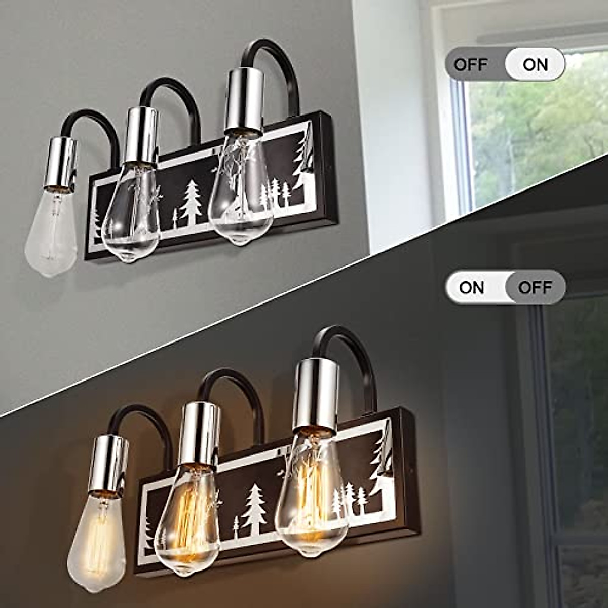 Darkaway Wall Sconces Farmhouse Bathroom Light Fixtures, Black and Chrome 3-Light Fixture with Rustic Deer Pattern Decoration for Hallway Bedroom Porch Living Room Dining Room Patio Courtyard Hotel