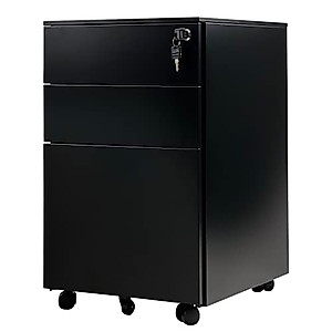 Sanoolir Locking File Cabinet 3 Drawer, Mobile File Cabinet on Wheels Under Desk fits Legal/Letter/A4 Size for Home/Office (Black)