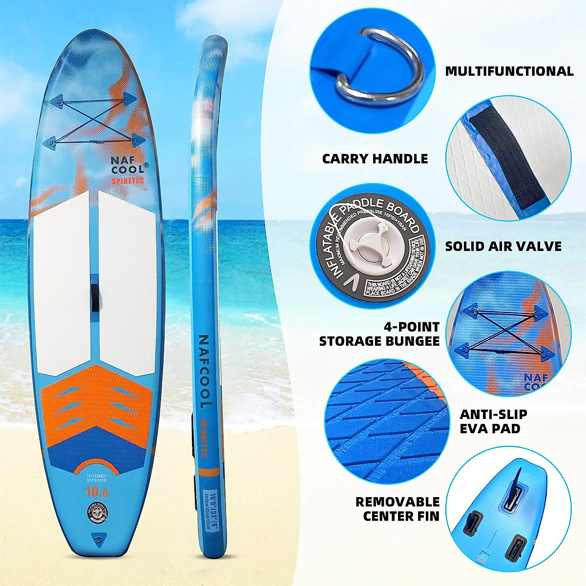 NAFCOOL Inflatable Stand Up Paddle Board,10'4"×32"×6" Surfing Standing Paddle Board with SUP Accessories & Backpack, Non-Slip Deck,Removable Fins,Leash,Paddle,Hand Pump for Youth & Adult(Sky Blue)