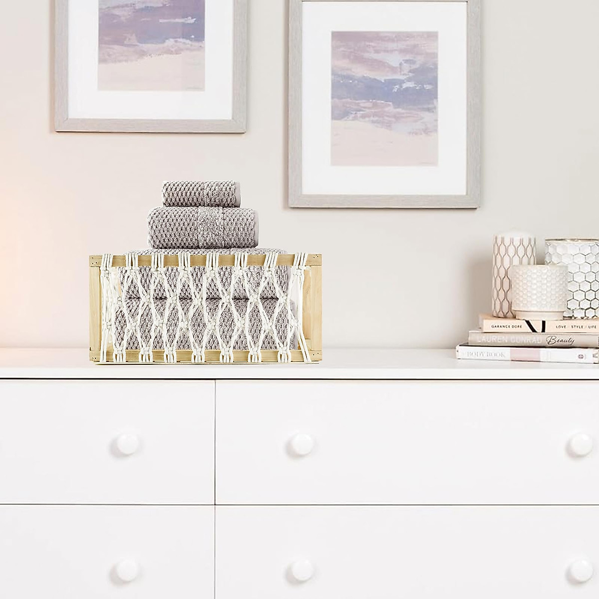 Wongblee Macrame Storage Baskets Set of 3, Decorative Wood Baskets, Nesting Organizer Boxes for Shelves, Boho Room Décor