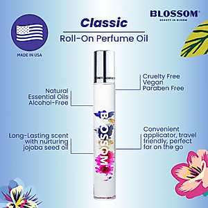 Blossom Roll on Perfume for Women Alcohol Free Rollerball Perfume Oil with Essential Oils, Infused with Real Flowers, Made in USA, 0.3oz, 3 pack Mini Gift Set, Hibiscus/Honey Jasmine/Rose