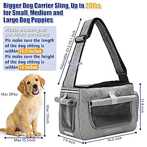 Tarovvoo Dog Sling Carrier for Medium Dogs Small Dogs 10-20lbs, Dog Carrier Bag, Pet Carrier Sling with Breathable Windows, Hard Bottom, Hand-Free for Outdoor Travel (Grey)