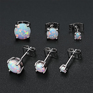 GEMSME 18K White Gold Plated 3/5/7mm Round Opal Stud Earrings Pack of 3