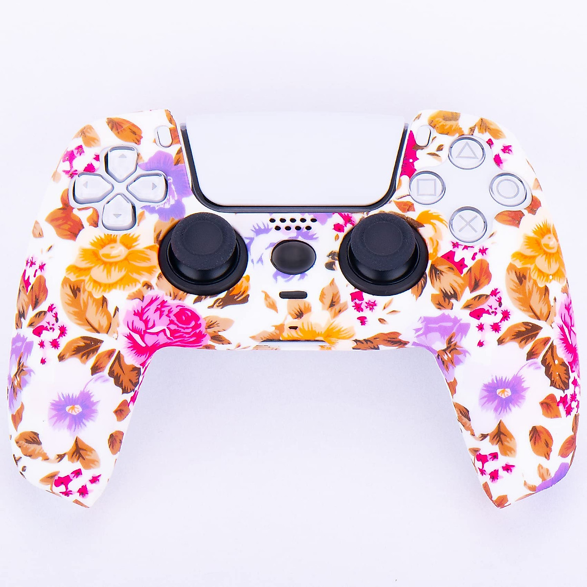 YoRHa Water Transfer Printing Silicone Thickened Cover Skin Case for PS5 Controller x 1(Flowers) with Thumb Grips x 10