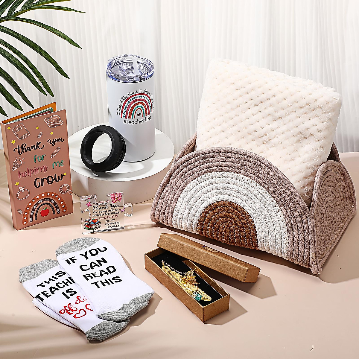 Zopeal Teacher Appreciation Gift Set 9 in 1 Teacher Birthday Favor Thank You Woven Basket Tumbler Thank You Gifts for Man Woman Valentines Mothers Day(White)