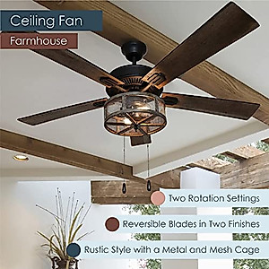 RIVER OF GOODS 52 Inch LED Modern Farmhouse Ceiling Fan with Light - Rustic Ceiling Fans with Lights - Elegant Industrial Fan with Mesh Metal Caged Shade - Brown