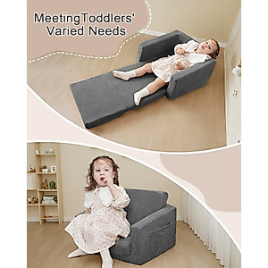 Jouha Thick Toddler & Kids Couch,Toddler Chairs Comfy, Soft Grey Kids Chair Convertible Seeper with Toddlers for Boys and Girls 1-3 to Playroom or Bedroom