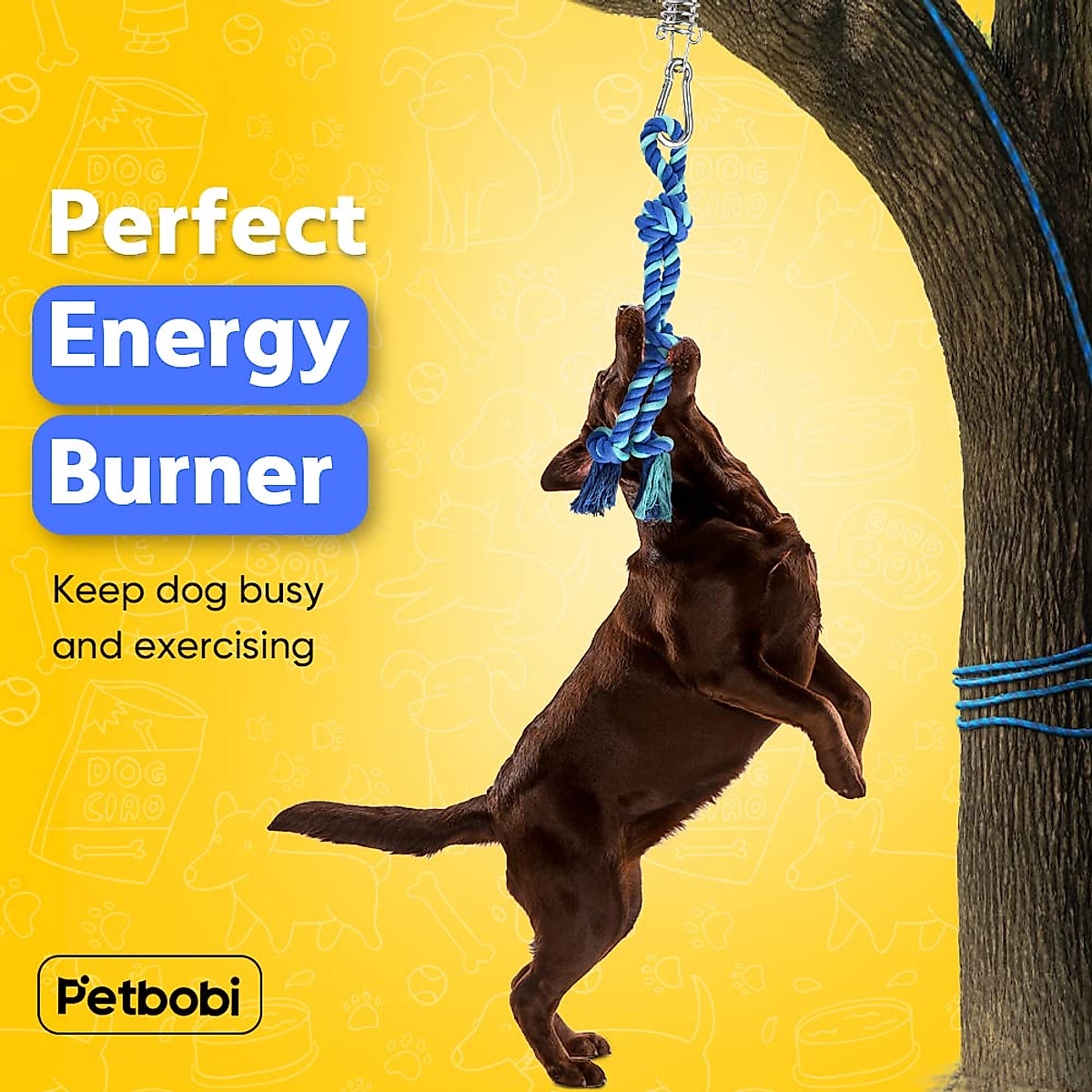 Petbobi Bungee Dog Toy, Tether Tug Outdoor Dog Toy for Pitbull Interactive & Exercise, Spring Pole Tether Tug of War Toy with Durable Rope, Outdoor Hanging Toys for Large Dogs Reduce Boredom, Blue