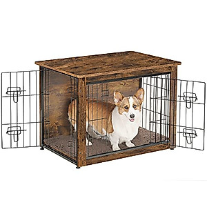 DWANTON Dog Crate Furniture with Cushion, Wooden Dog Crate Table, Double-Doors Dog Furniture, Indoor Dog Kennel, Dog House, Dog Cage Medium, 32.5" L
