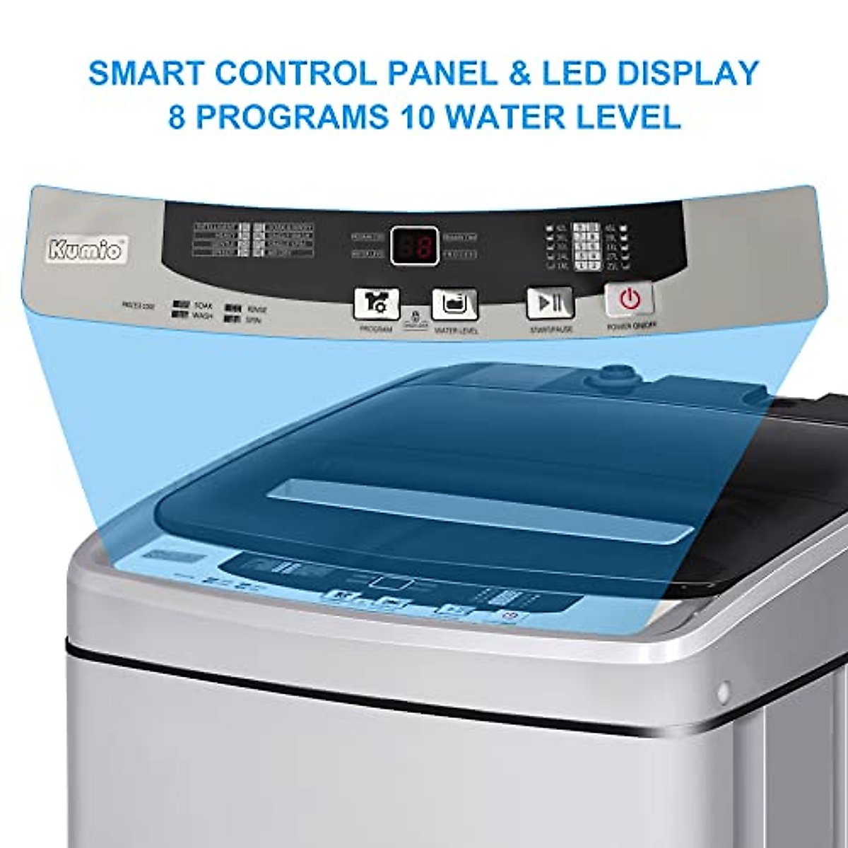 KUMIO 1.5CU.FT Automatic Portable Washing Machine, 11Lbs Compact Washing Machine with 8 Programs 10 Water Levels| LED Display| Child-Lock Function| Space Saving for Apartments, Dorms, RV