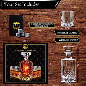 Whiskey Decanter Set with 4 Glasses & 8 Whiskey Stones, Whiskey Decanter Sets for Men, Valentine's Day Gift, Anniversary Birthday Gifts for Father Mother Husband, Decanter Set With Glasses for Bourbon