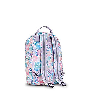 Kipling Women's Seoul Small Backpack, Durable, Padded Shoulder Straps with Tablet Sleeve, Aqua Flowers, 10''L x 13.75''H x 6.25''D