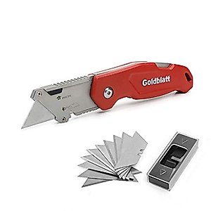 Goldblatt Folding Utility Knife, Quick Change Blade Mechanism & Aluminum Alloy Handle with 10-piece Extra Blades, Pocket Size