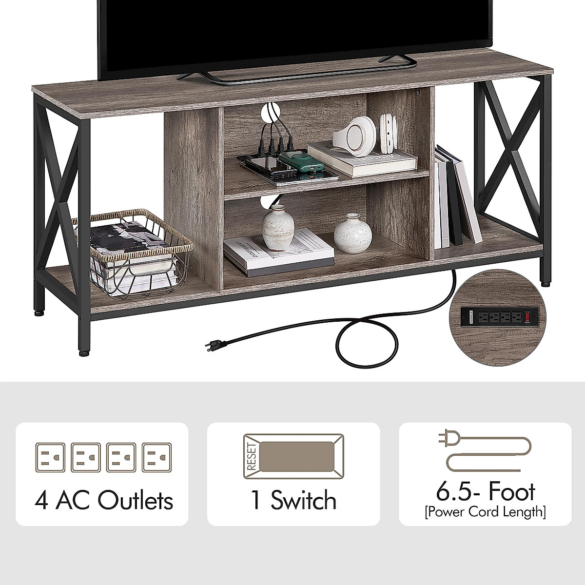 Yaheetech TV Stand for 65 Inch TV, Media Entertainment Center with Power Outlet for Living Room, Industrial TV Console with Side Shelves for PS Storage, Taupe Wood