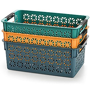 Yesland 6 Pack Plastic Storage Baskets Bins, 10.5 X 6 X 4.75 Inch Organizing Book Bins Baskets with Handle, Small Stackable Plastic Basket for Classroom or Home Organizing - Orange, Blue, Green