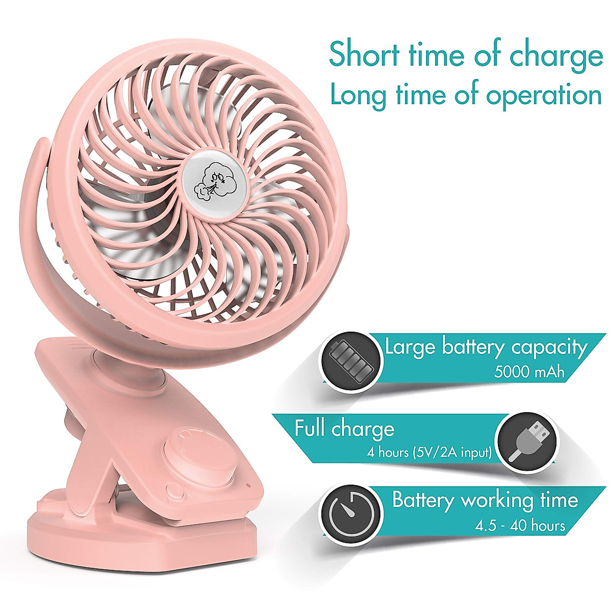 COMLIFE F170 Clip On Fan - Auto Oscillation Personal Fan - 5000 mAh Battery Operated Fan, USB Desk Fan Stepless Speeds Control, Powerful Airflow for Hurricane, Camping, Office, Car(Pink)